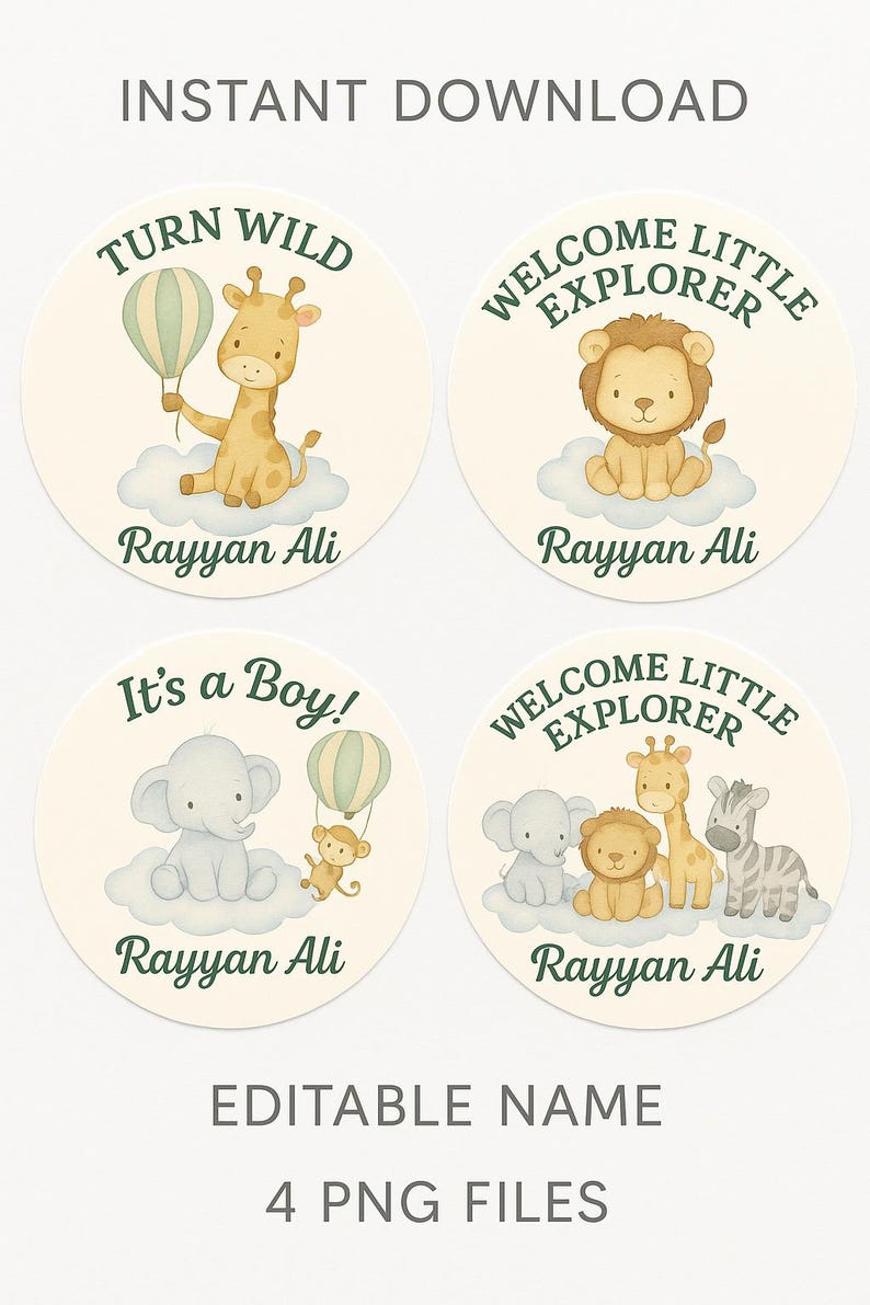 Safari Animal Baby Shower Favor Stickers, Editable PNG Labels (instant ...