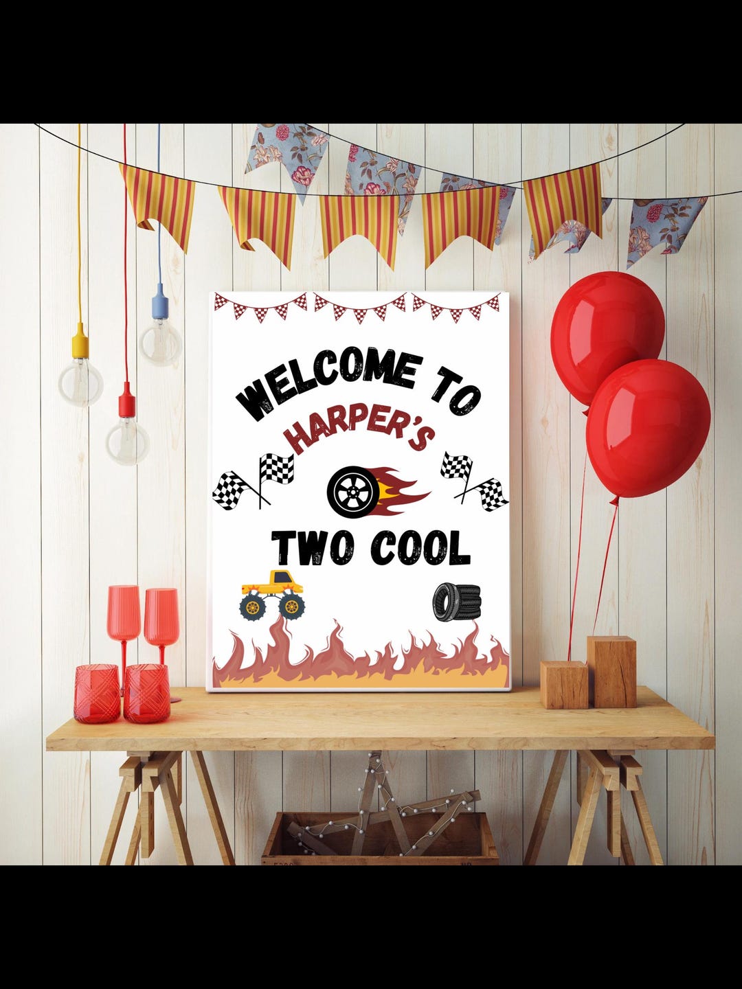 Two Cool Birthday Welcome Sign – Race Car Party Decor for 2nd Birthday ...