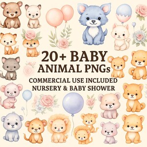 Baby Animal Clipart Bundle | Watercolor Nursery Wall Art PNG | Cute ...