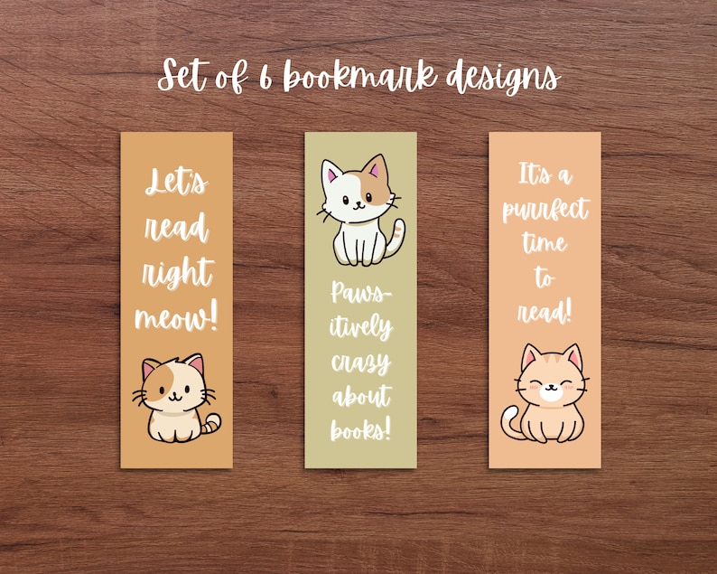 Printable Cat Bookmarks With Text, Instant Download, Set of 6 Cute Cat ...