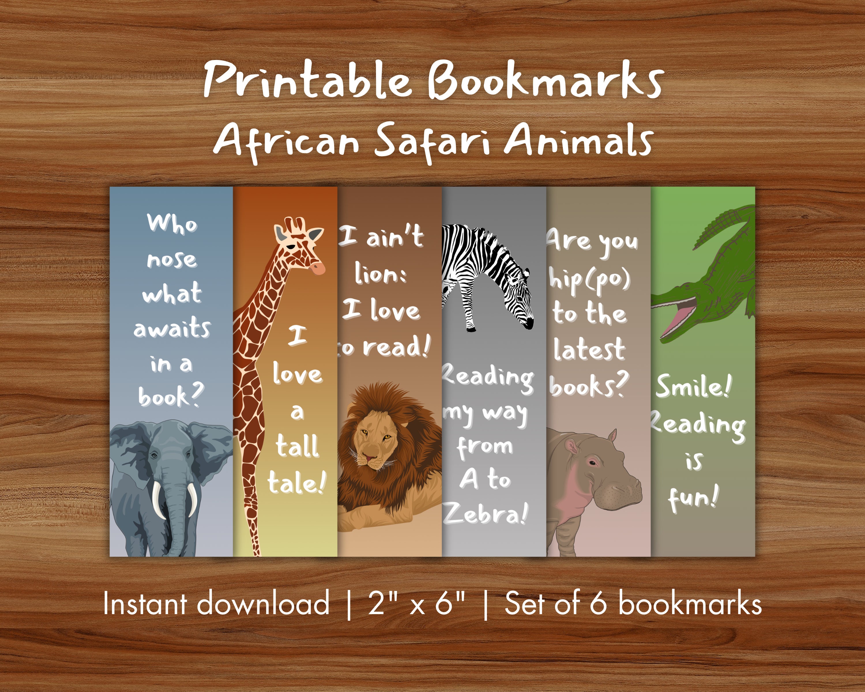 Printable Safari Animal Bookmarks With Text, Instant Download, Set of 6 ...