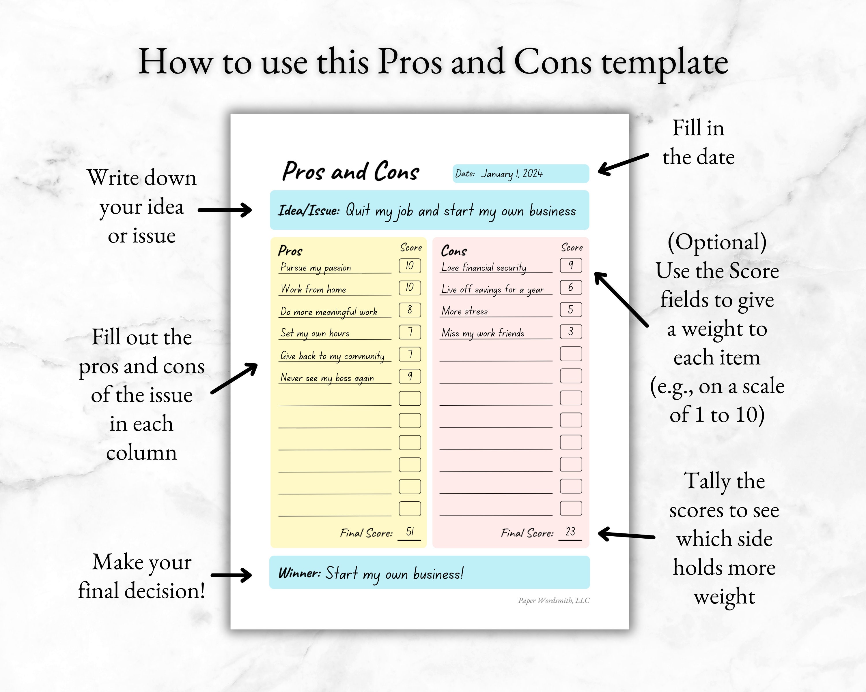 Printable Pros and Cons List Template Instant Download Productivity ...