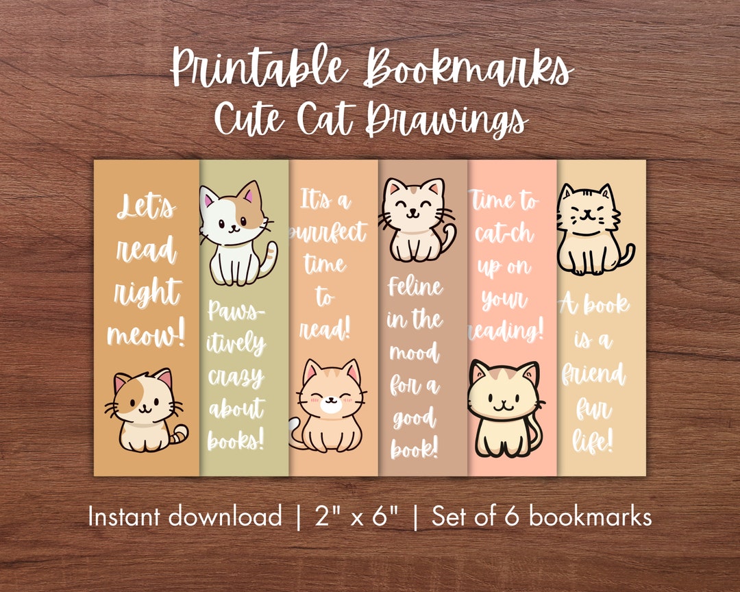 Printable Cat Bookmarks With Text, Instant Download, Set of 6 Cute Cat ...