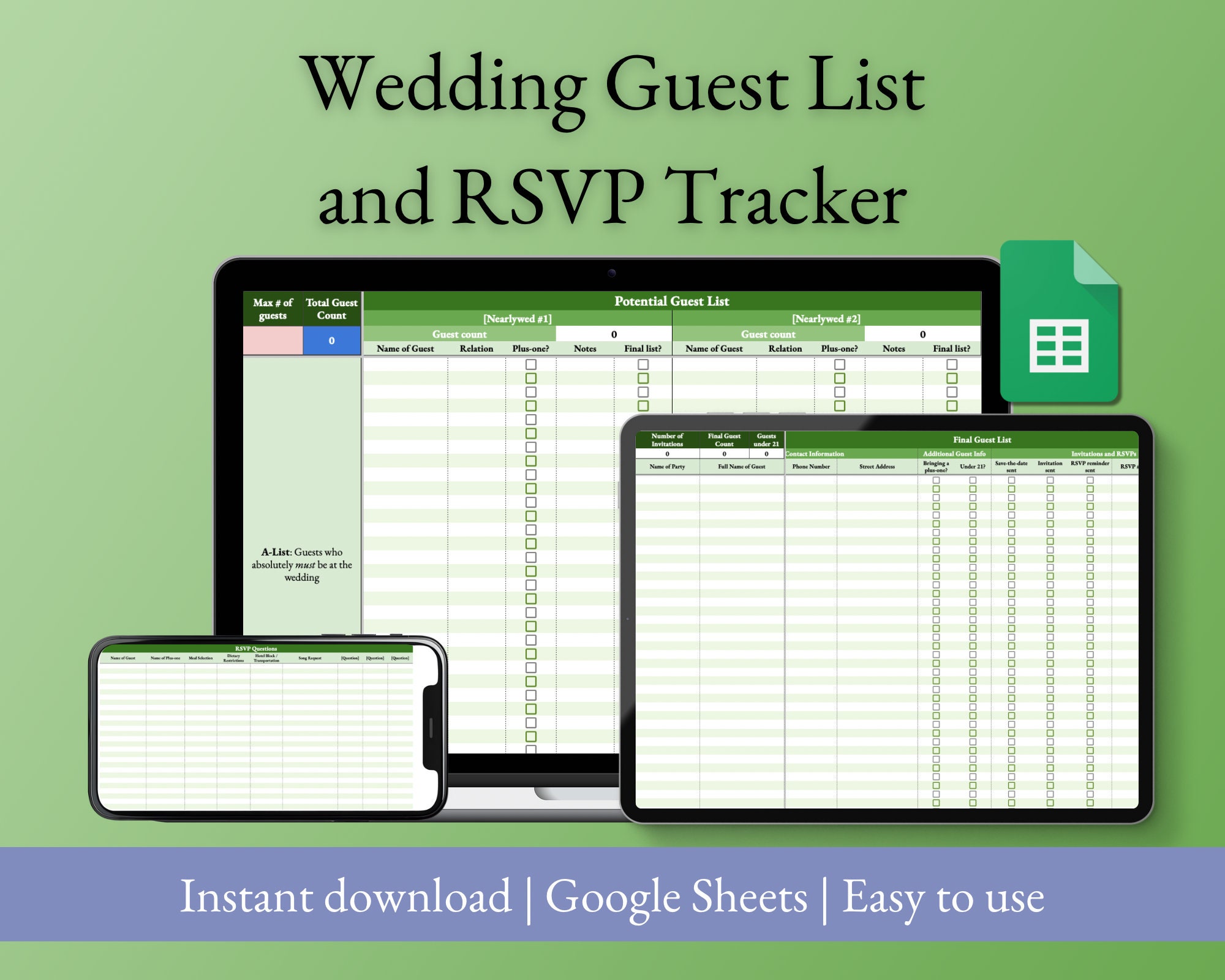 Wedding Guest List and RSVP Tracker for Google Sheets, Easy-to-use ...