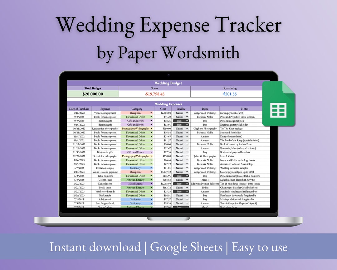 Wedding Expense Tracker for Google Sheets, Easy-to-use Wedding Budget ...