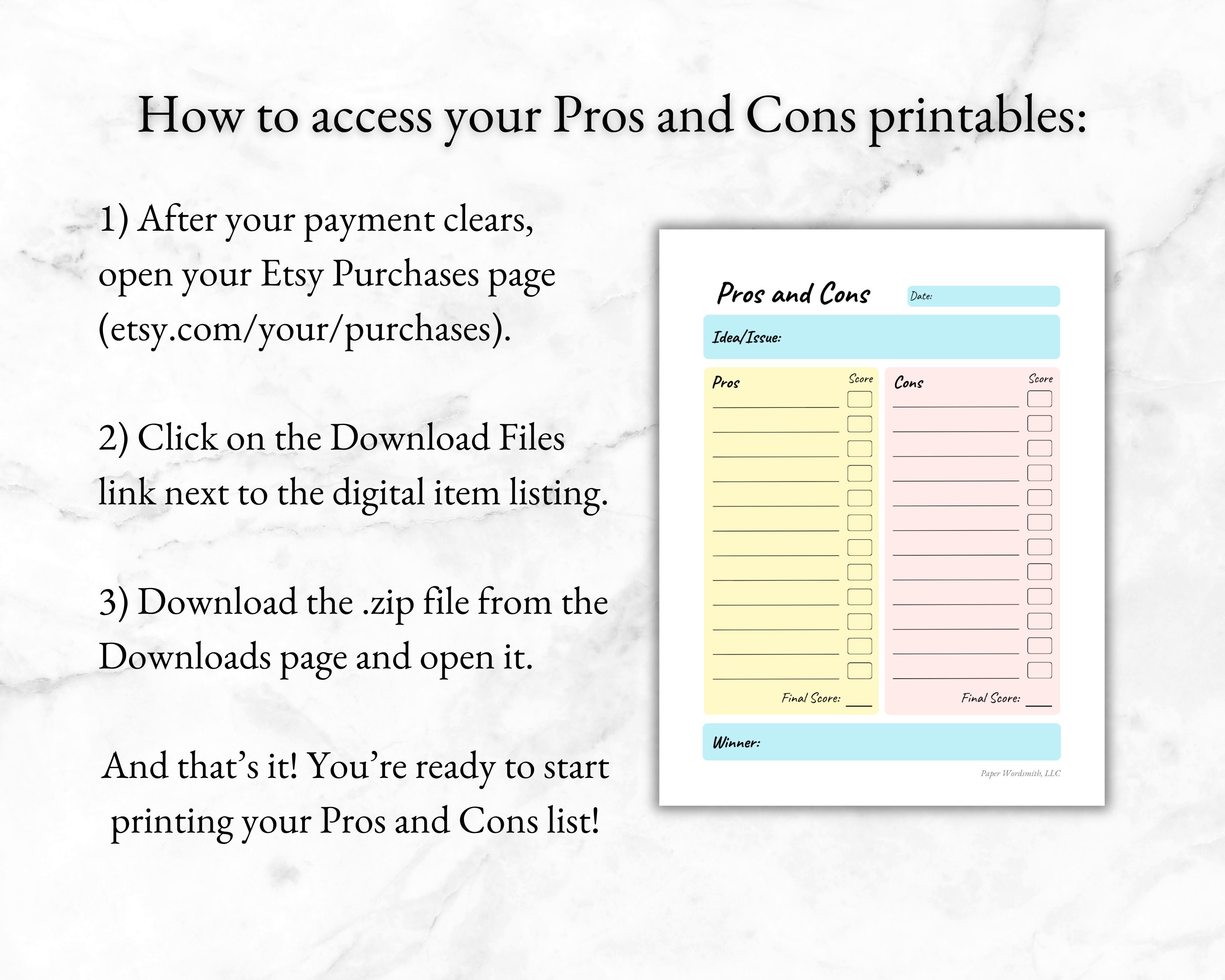Printable Pros and Cons List Template Instant Download Productivity ...