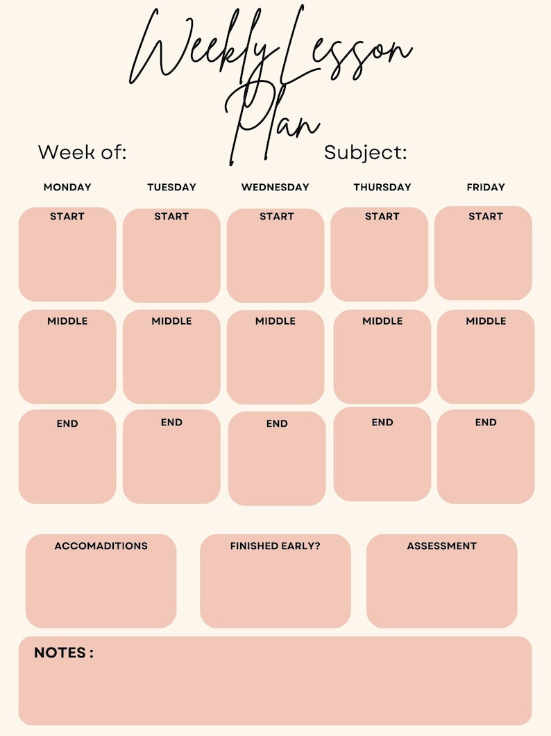 Weekly Teacher Lesson Plan Template - Etsy