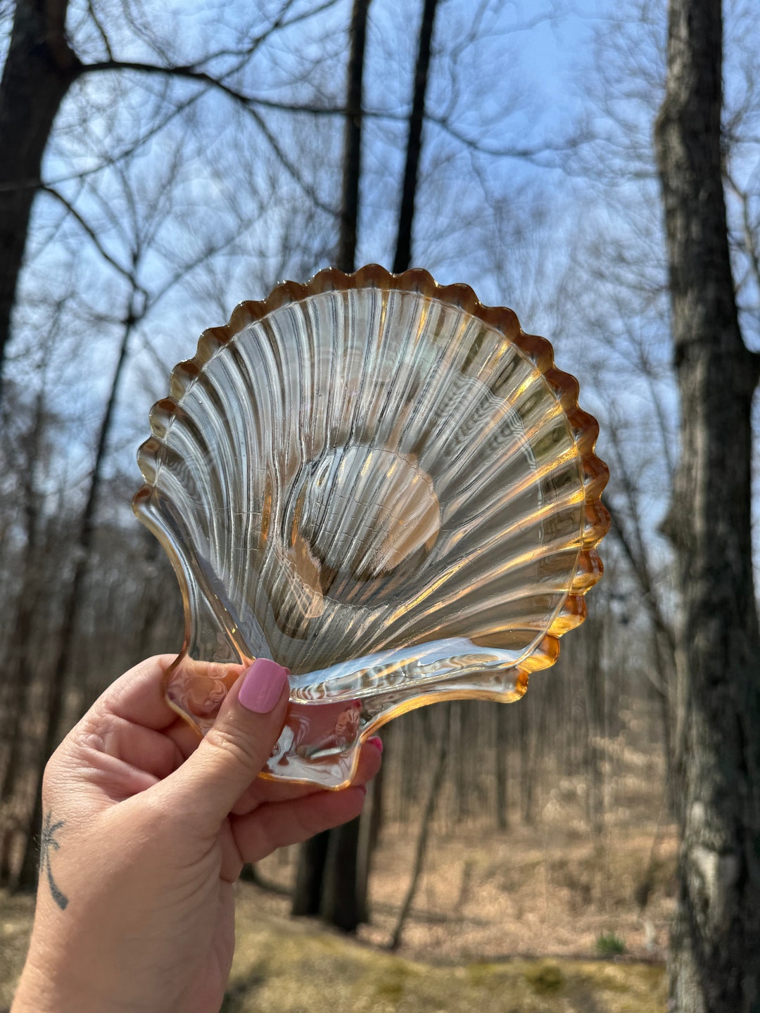 Vintage Carnival Glass Peach Lusteware Clam Shell Shaped Candy Trinket ...