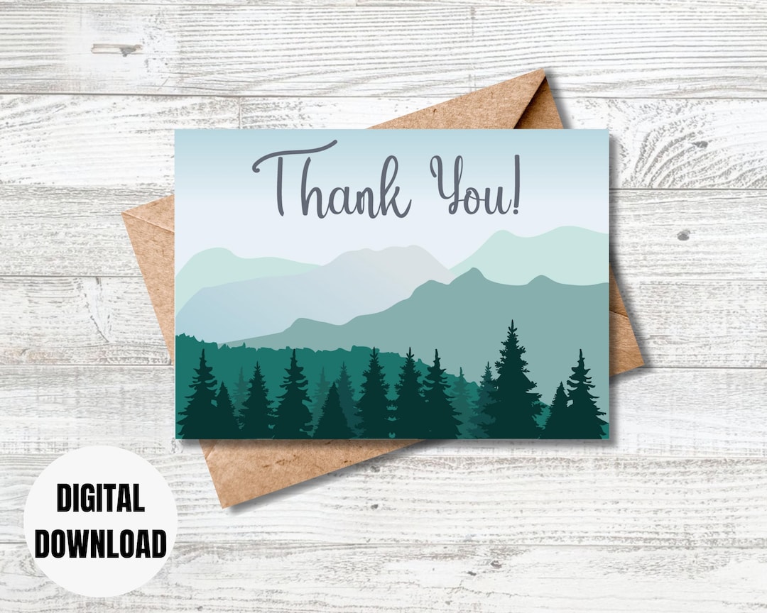 Forest and Mountains Scene Thank You Card, Instant Download, Misty ...