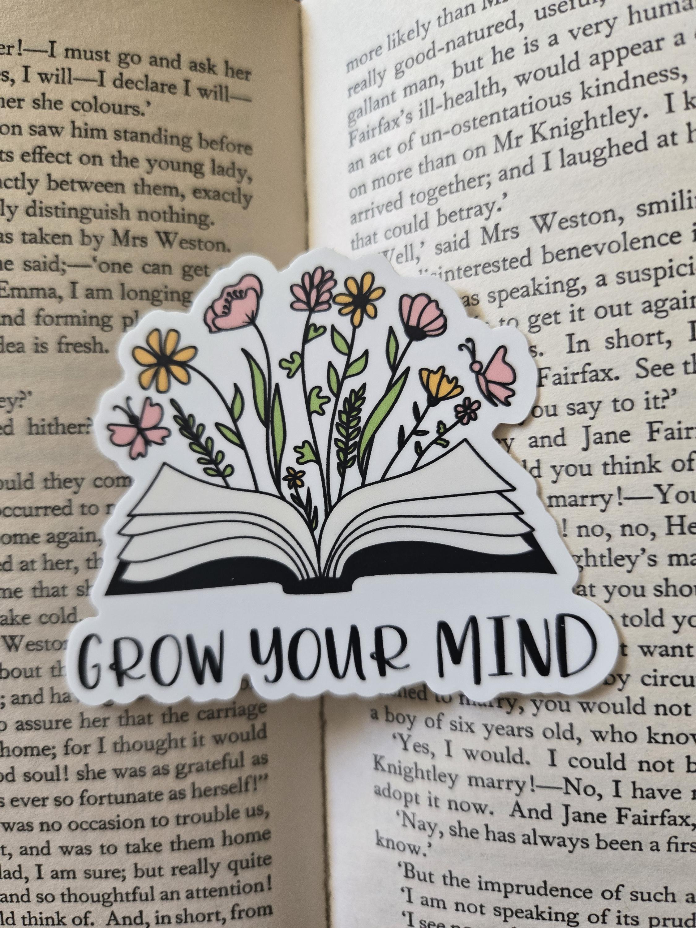 Grow Your Mind Book Sticker, Inspirational Decal, Book Lover Sticker ...