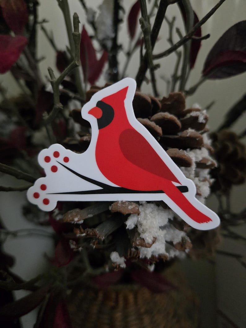 Cardinal Bird and Red Berries Waterproof Die Cut Sticker - Christmas ...