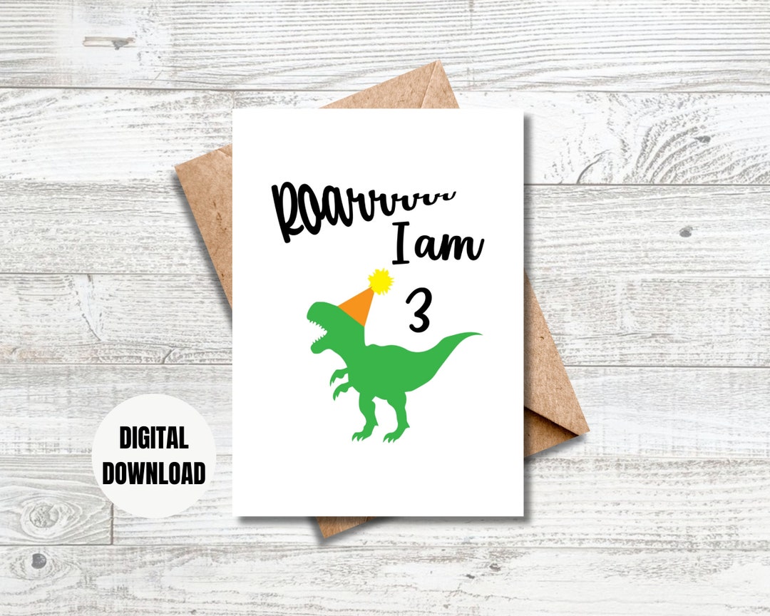 Happy Birthday Three Years Old Digital Printable Card, Dinosaur ...