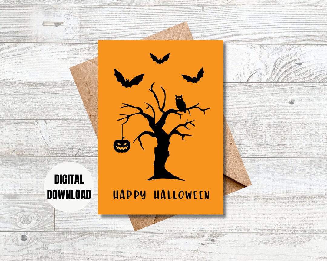 Happy Halloween Digital Printable Card With a Tree, Bats, Pumpkin ...