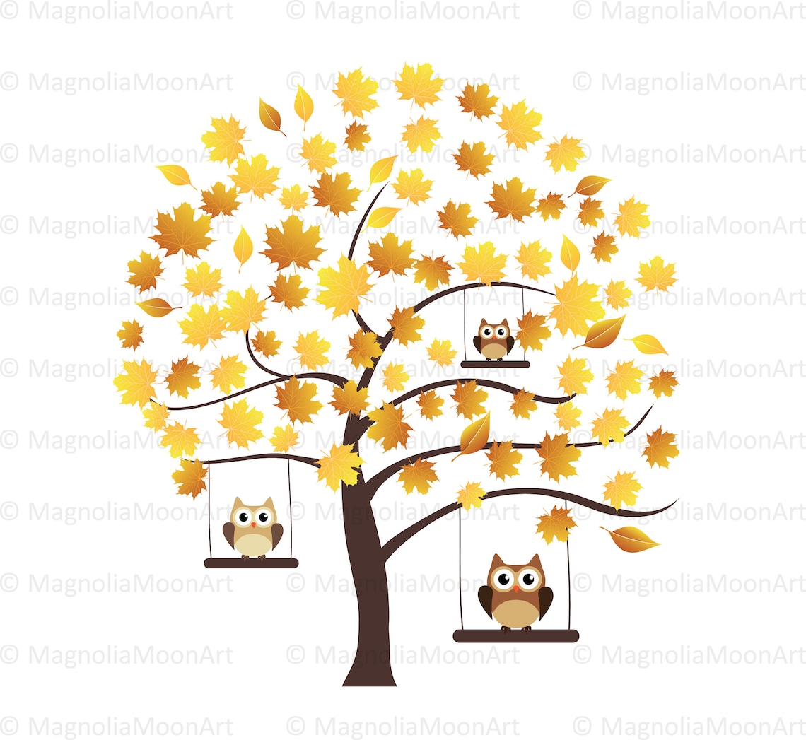 Fall Tree With Owls Digital Clip Art, Owl Tree Printable Card, Swinging ...
