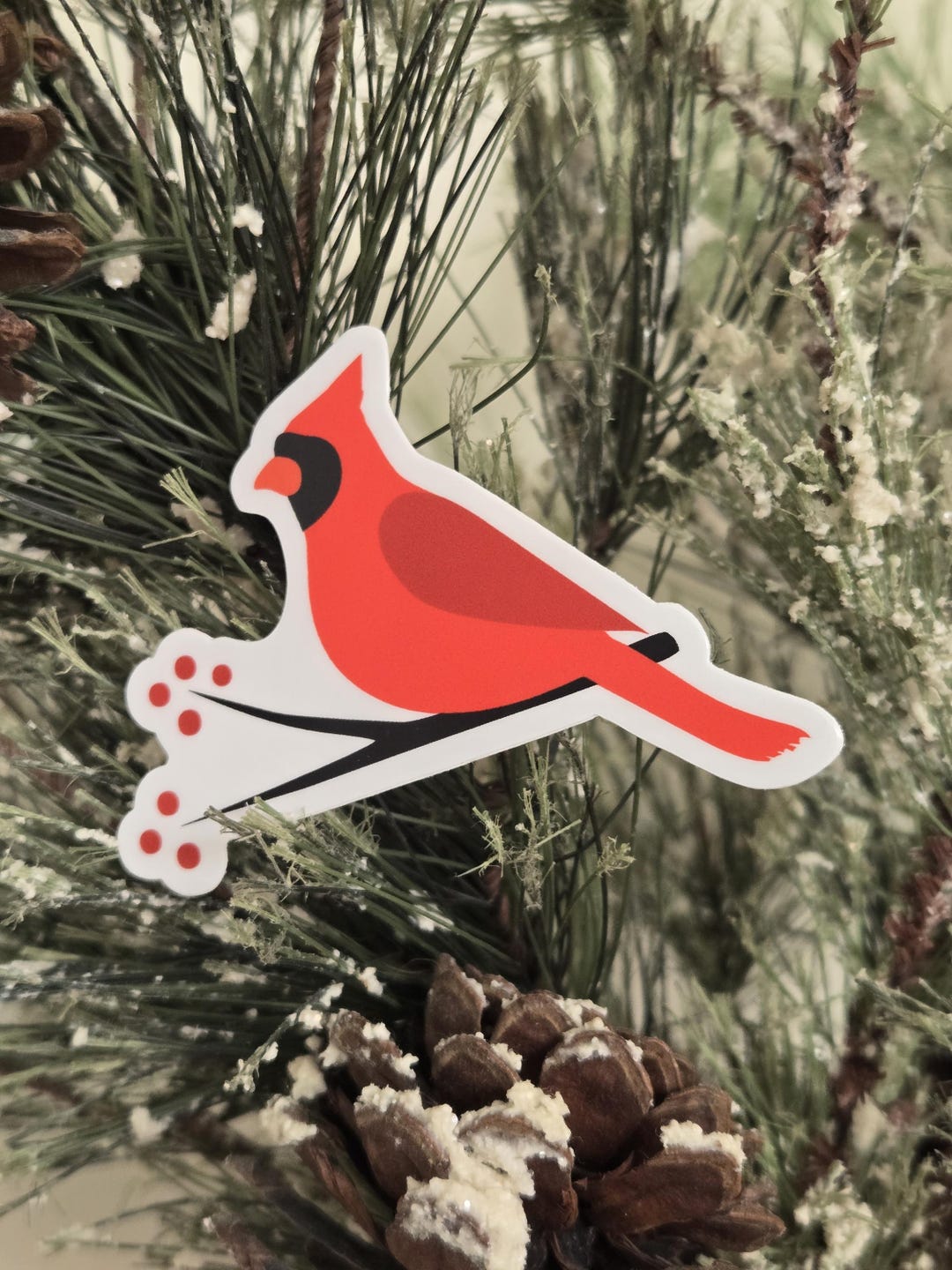 Cardinal Bird and Red Berries Waterproof Die Cut Sticker - Christmas ...