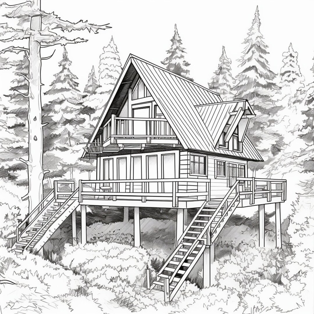 Beautiful Coloring Page of a Modern A-frame Cabin on Stilts in the ...