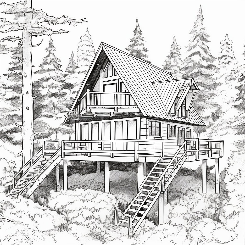 Beautiful Coloring Page of a Modern A-frame Cabin on Stilts in the ...