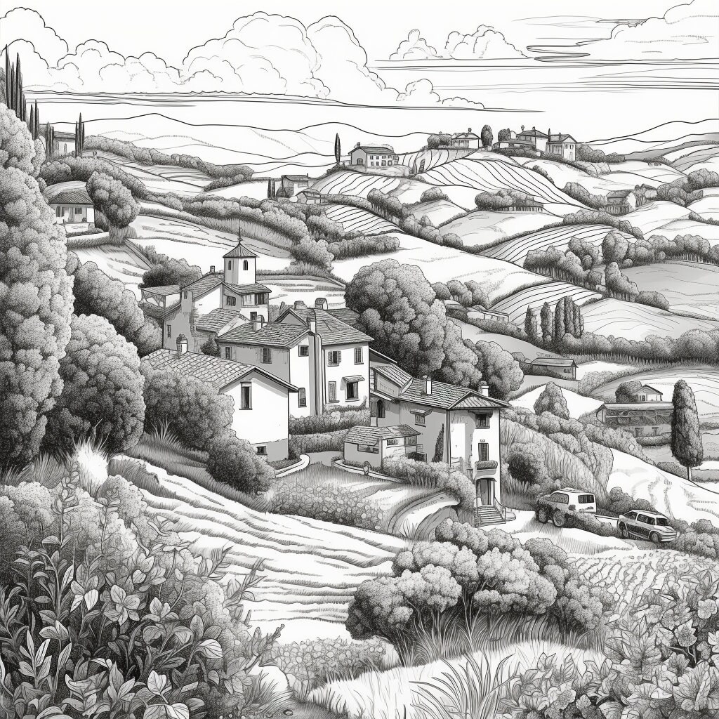 Beautiful Coloring Page of Italian Countryside - Etsy