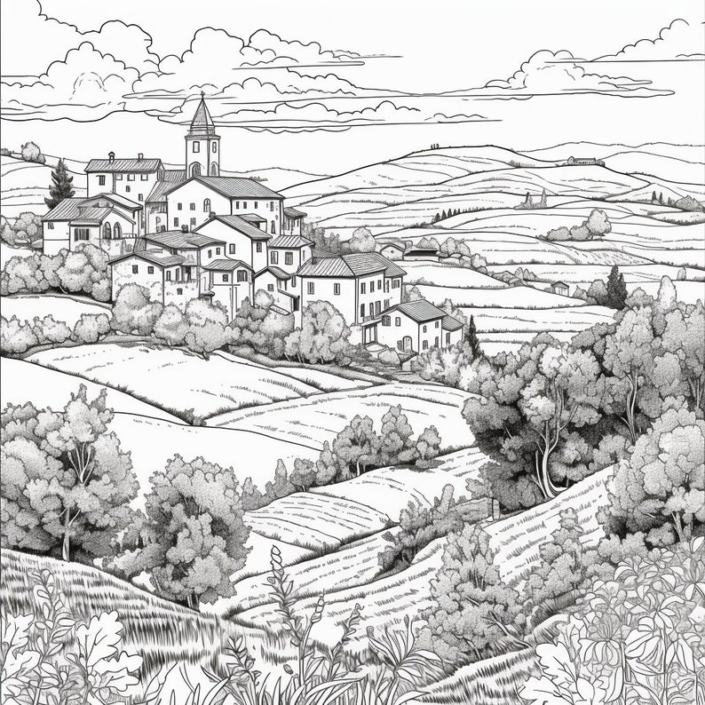 Beautiful Coloring Page of Italian Countryside - Etsy