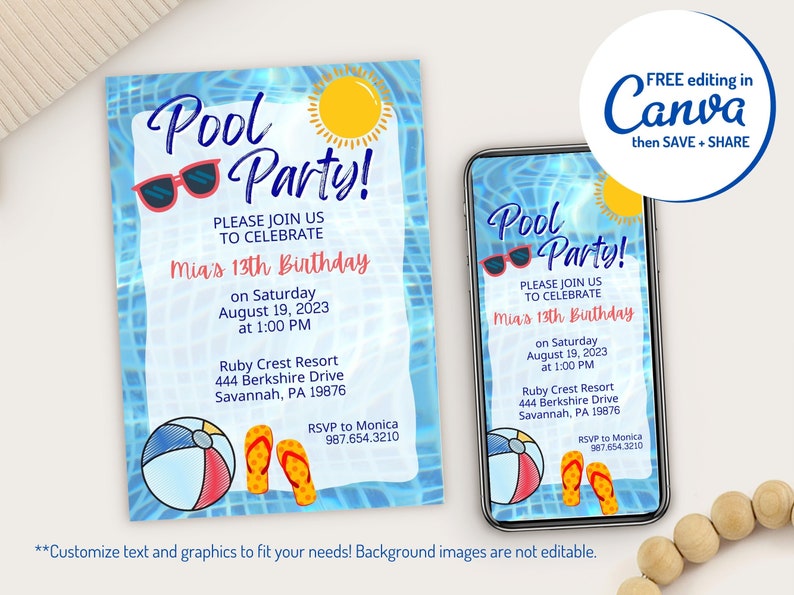 Editable Pool Party Digital Download Invitations Customizable Canva ...