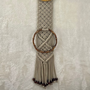 Vintage Macrame Double Bamboo Ring Hanger With Beads, Woven Towel ...