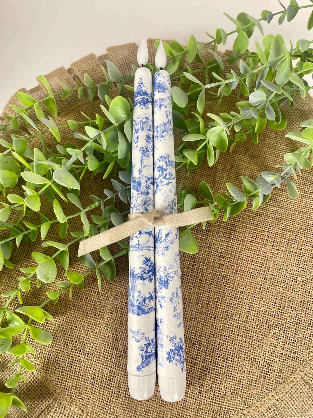 Toile Spring Blue White Taper Candles Battery Operated Handcrafted ...