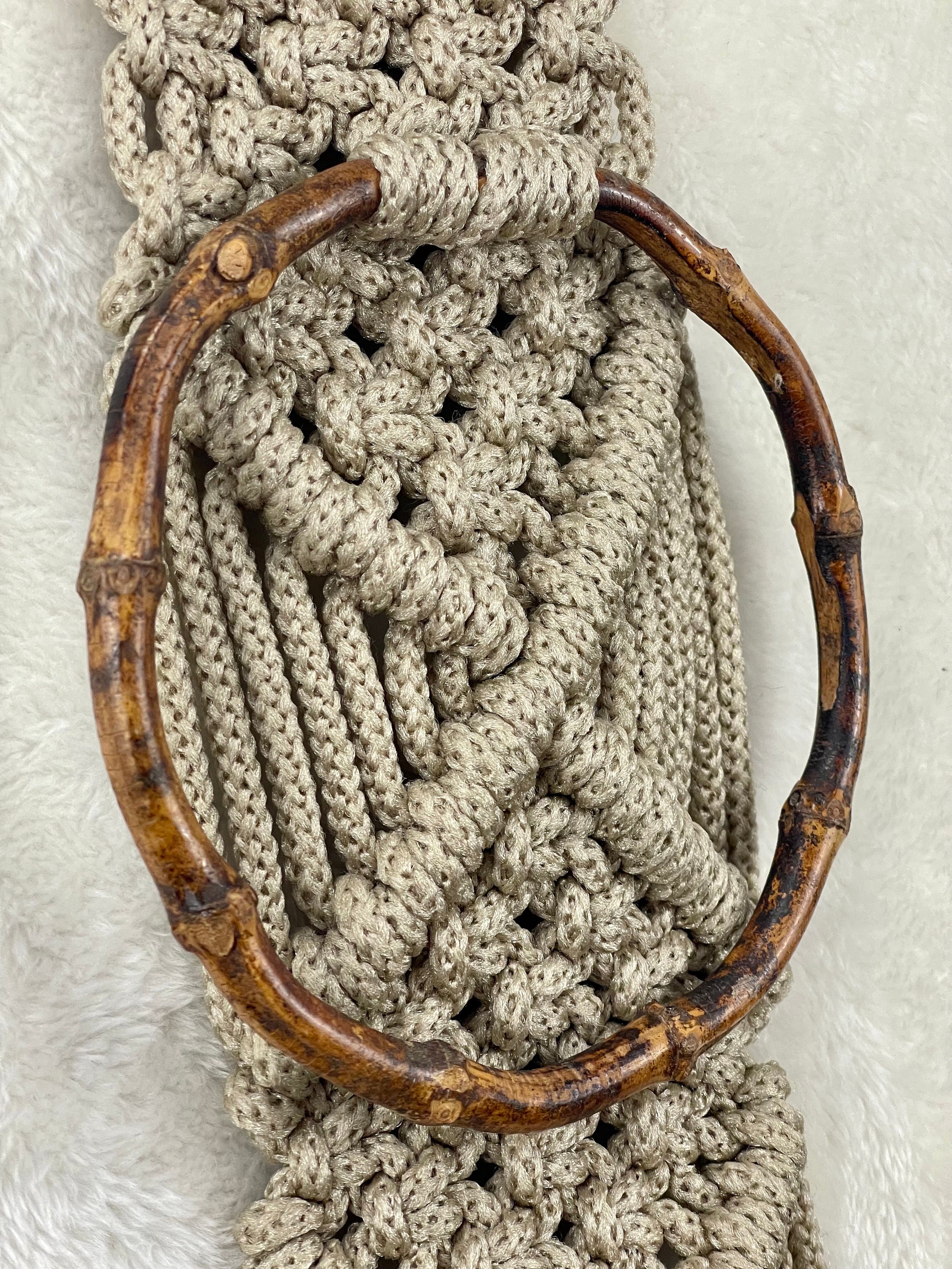 Vintage Macrame Double Bamboo Ring Hanger With Beads, Woven Towel ...