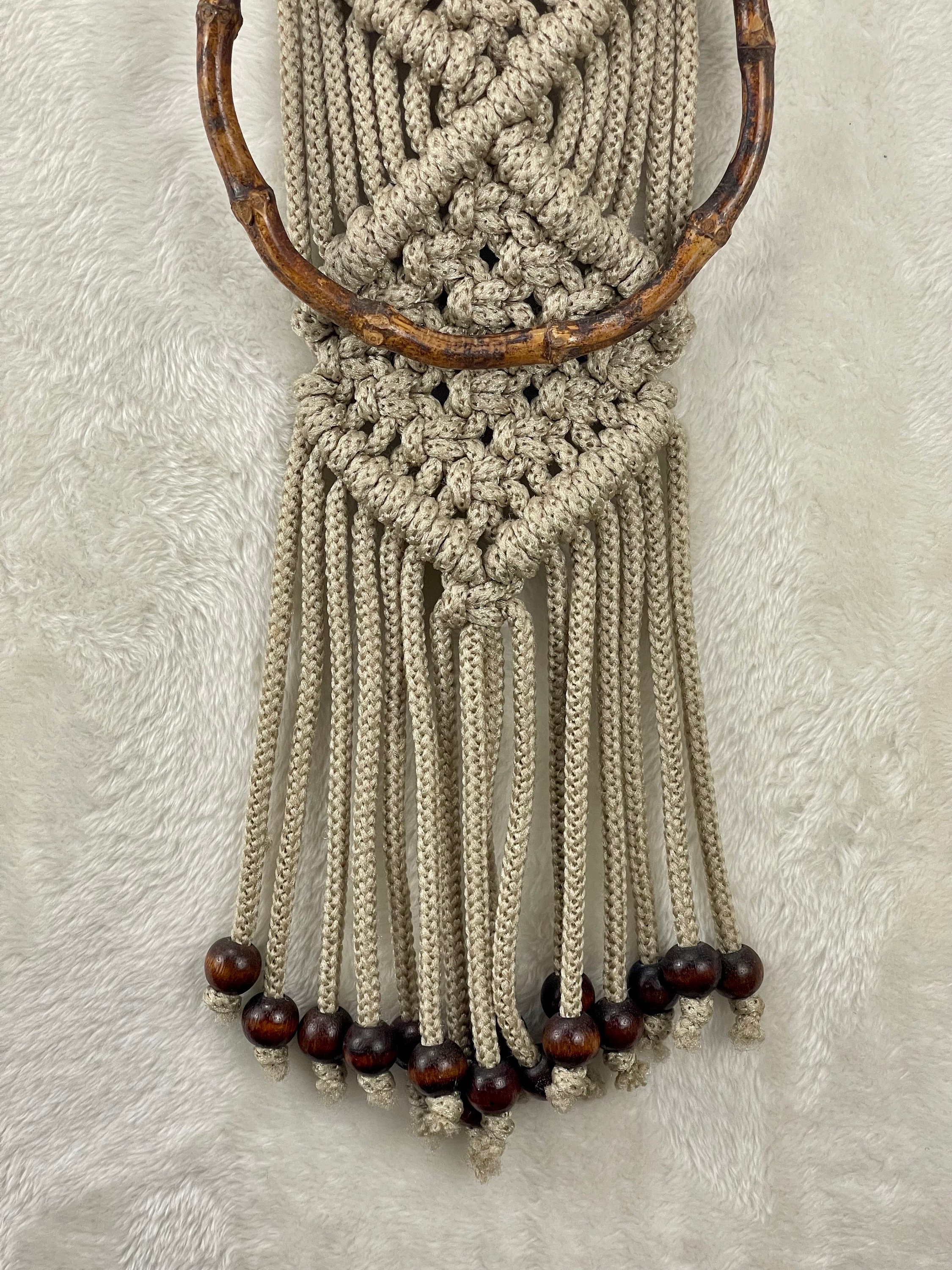 Vintage Macrame Double Bamboo Ring Hanger With Beads, Woven Towel ...