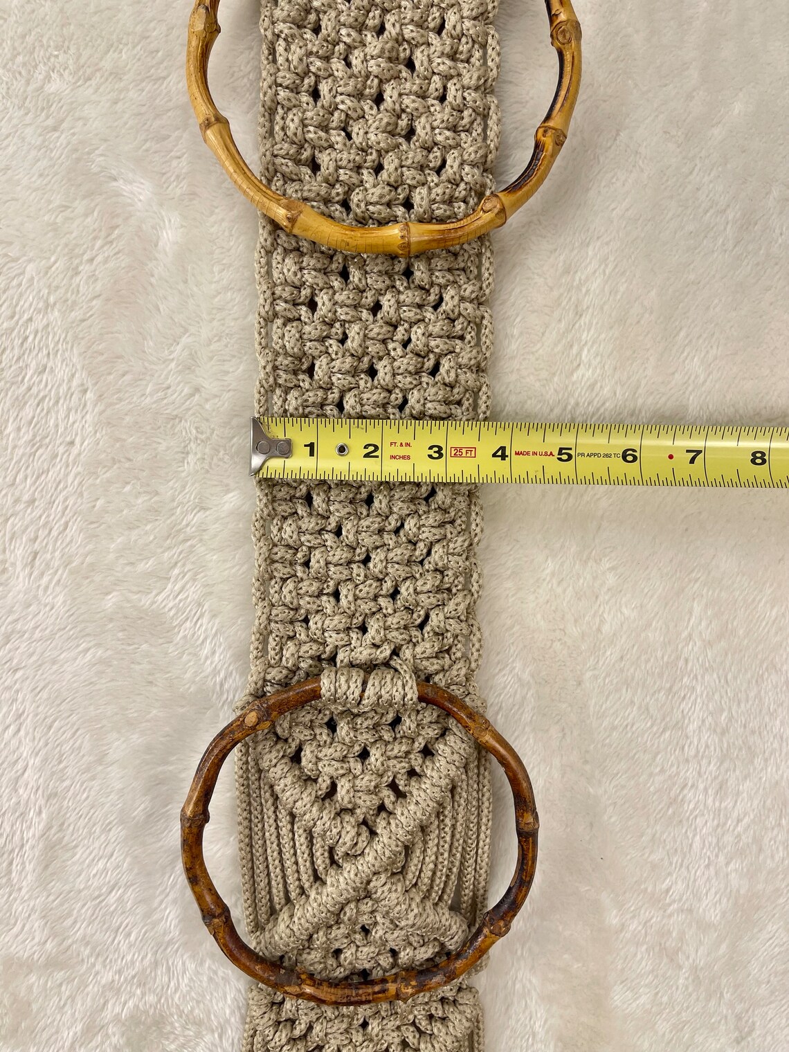Vintage Macrame Double Bamboo Ring Hanger With Beads, Woven Towel ...