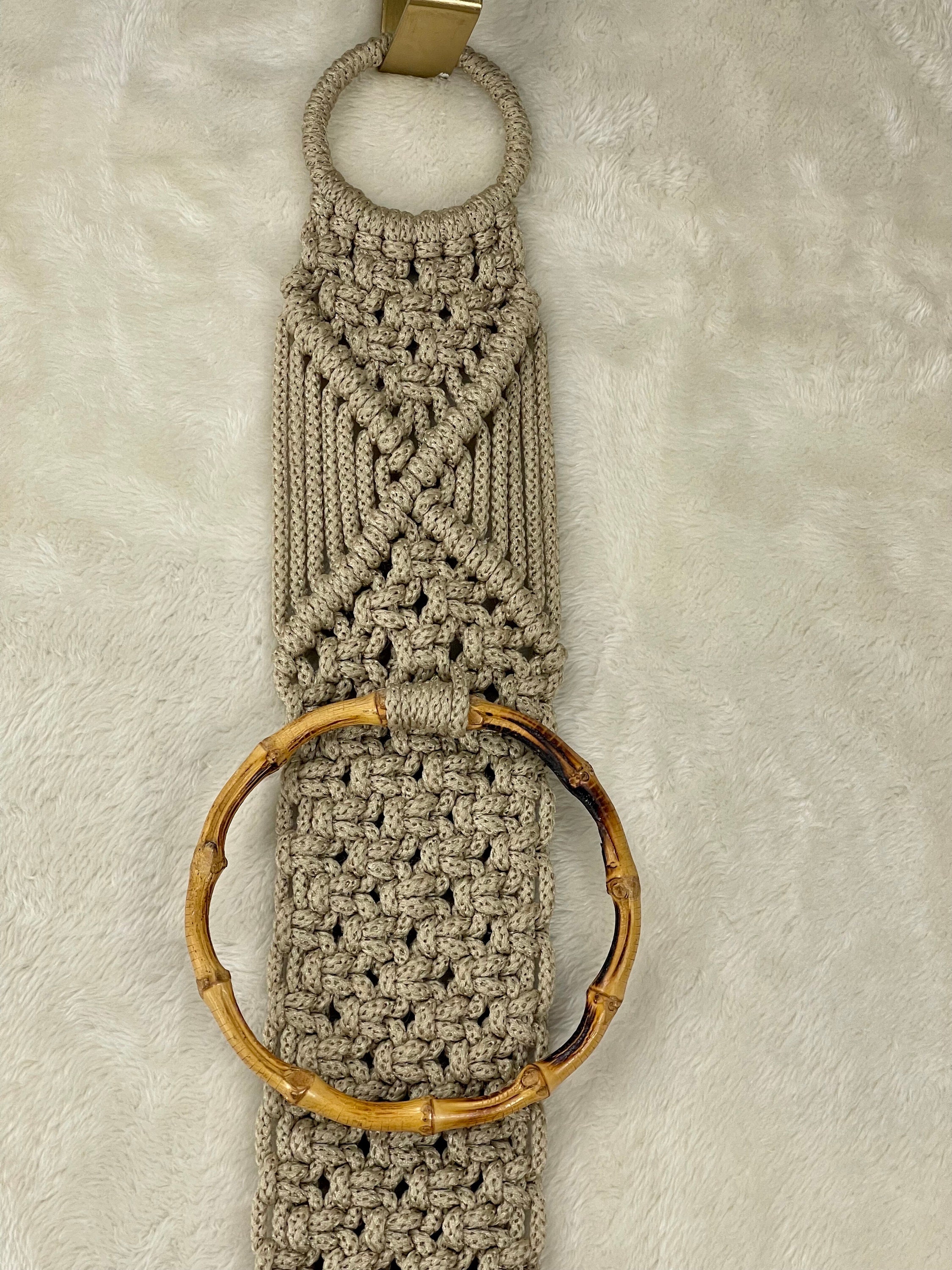 Vintage Macrame Double Bamboo Ring Hanger With Beads, Woven Towel ...