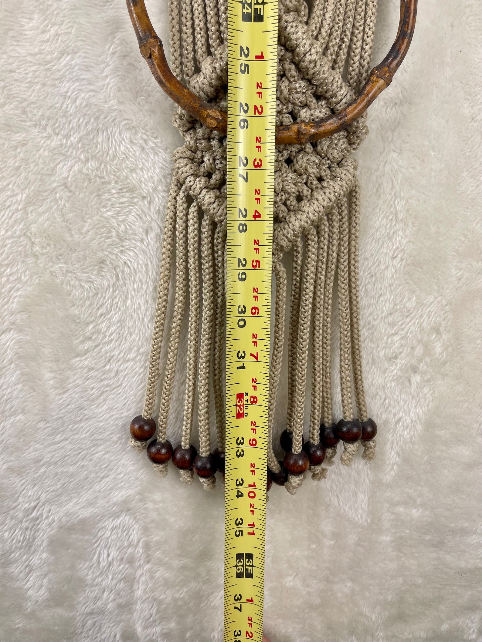 Vintage Macrame Double Bamboo Ring Hanger With Beads, Woven Towel ...