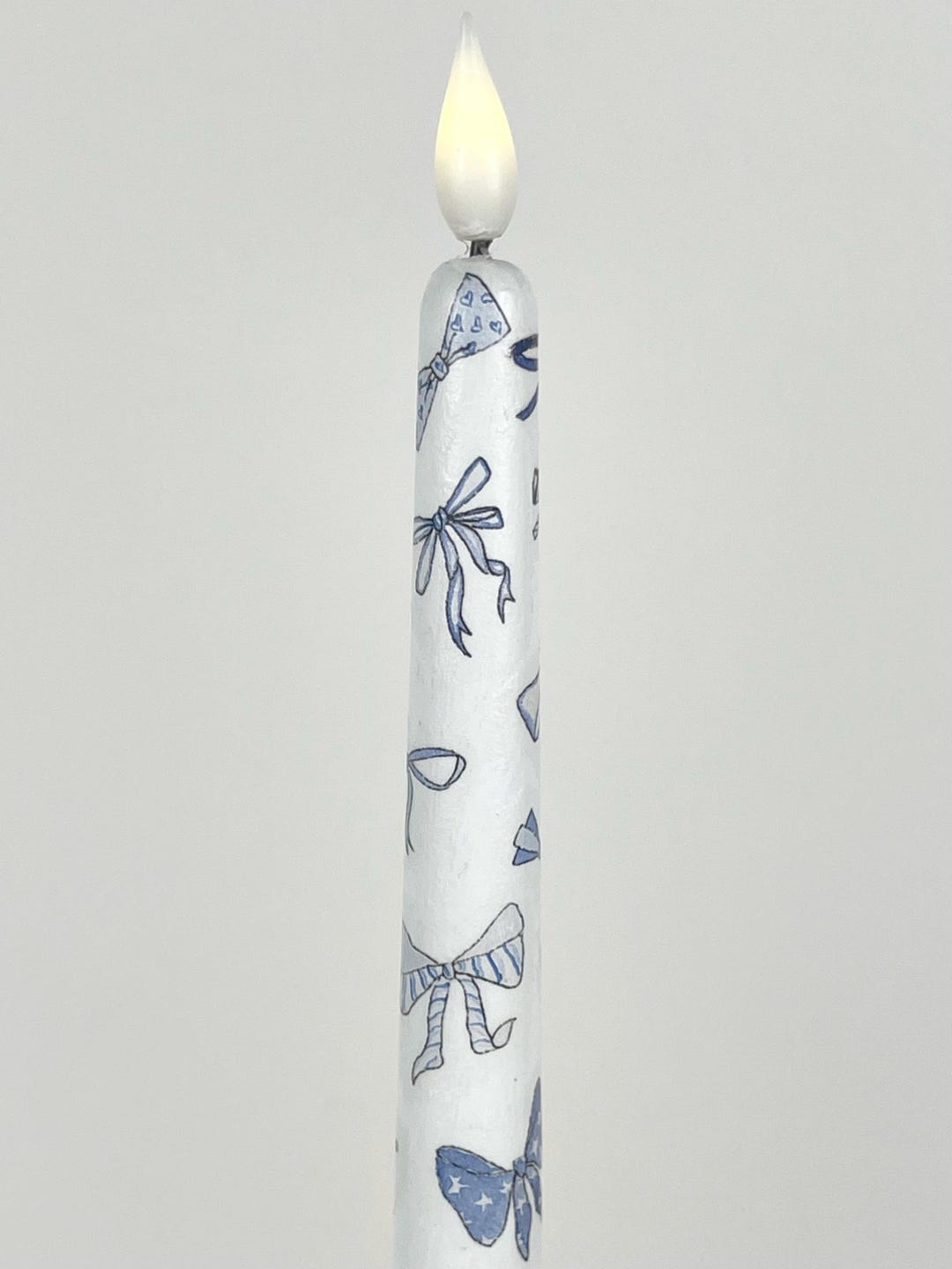 Blue Bow Pattern White Taper Candles Battery Operated Handcrafted ...