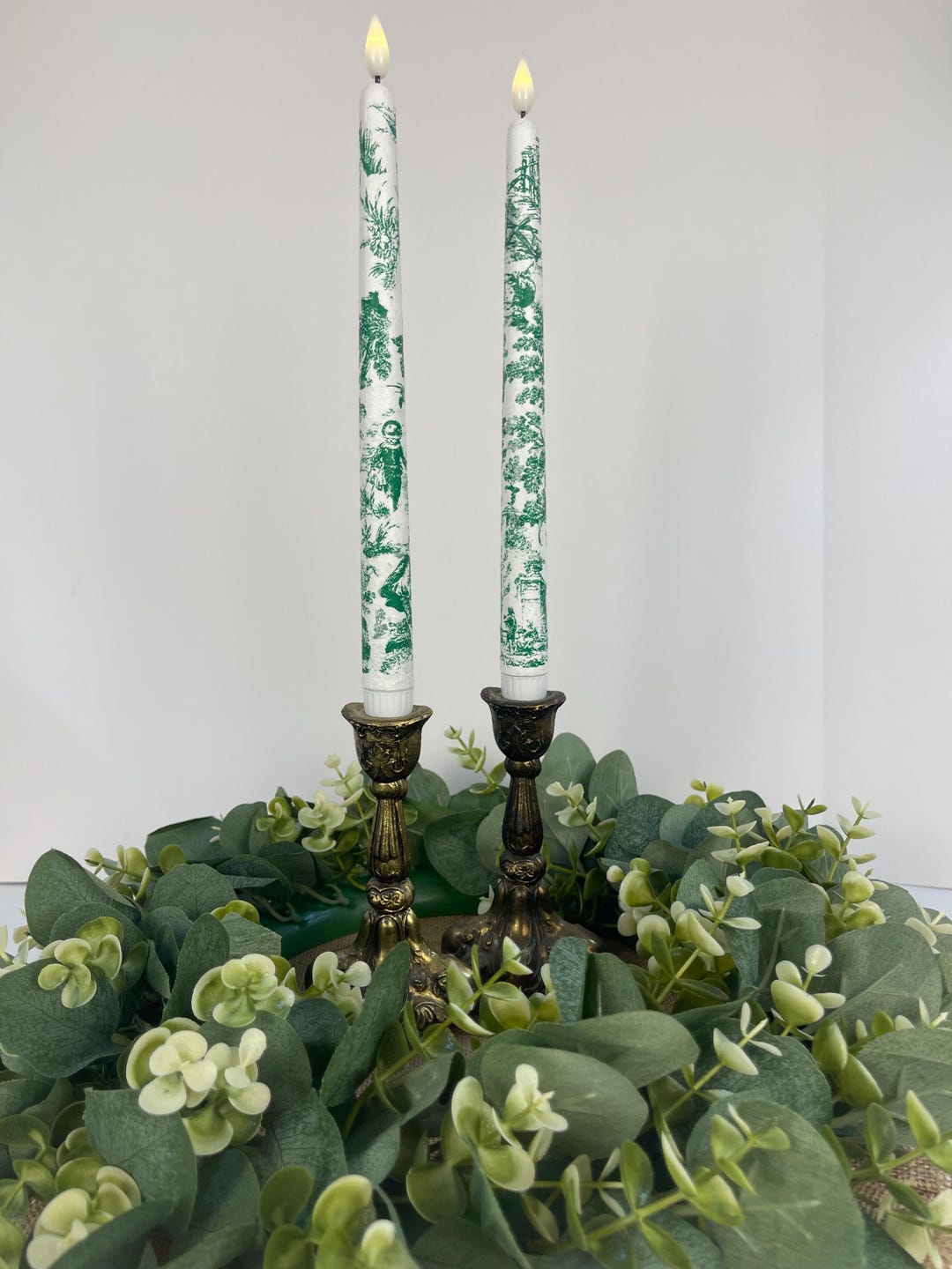 Toile Spring Green White Taper Candles Battery Operated Handcrafted ...