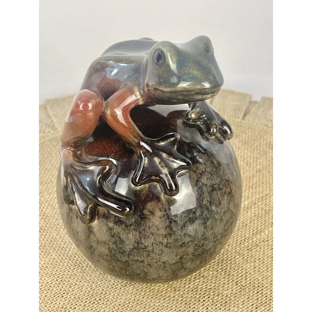 Vintage Frog Art Sculpture Neutral Colors Glazed Frog Perched on Orb ...