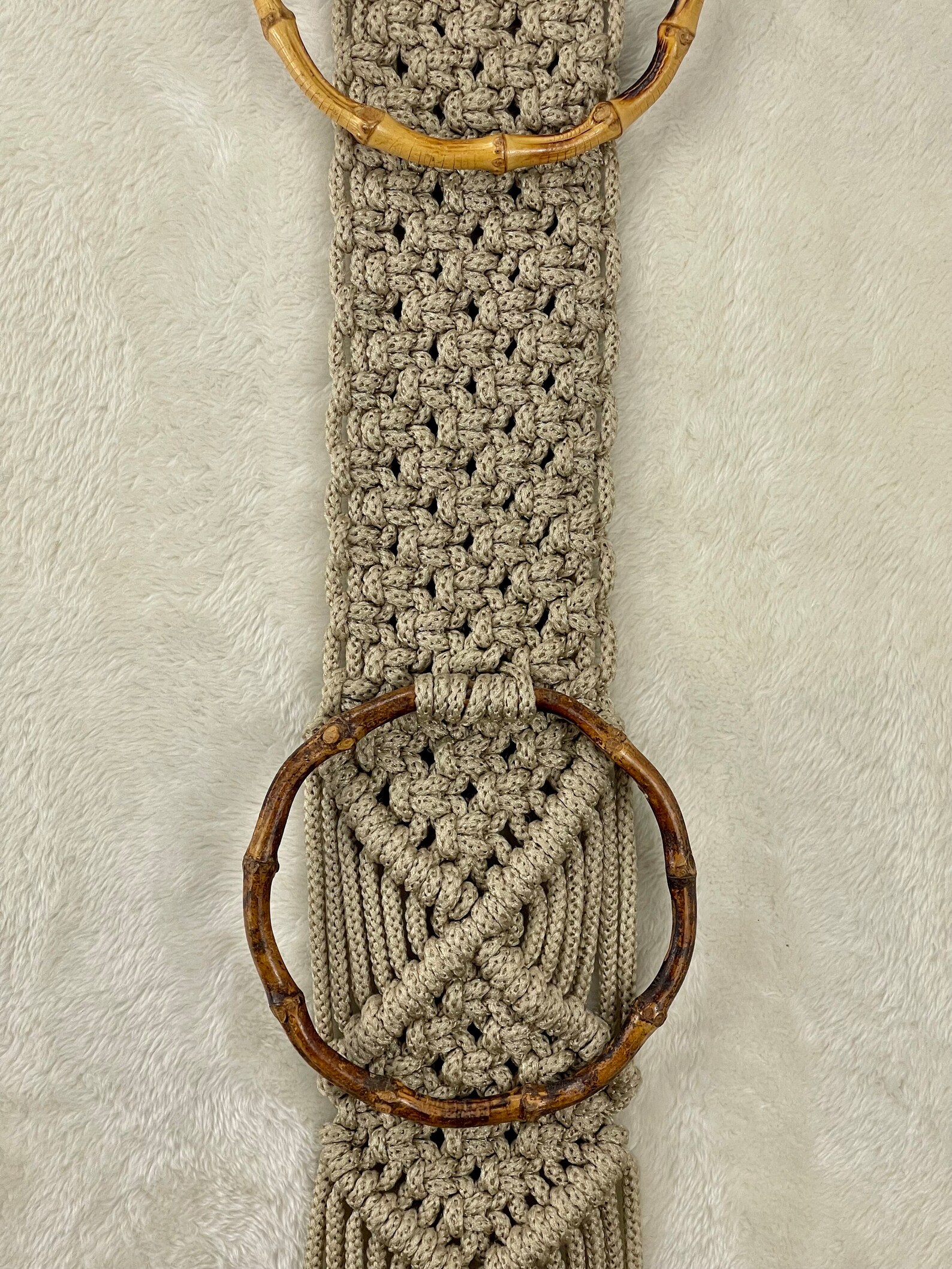 Vintage Macrame Double Bamboo Ring Hanger With Beads, Woven Towel ...