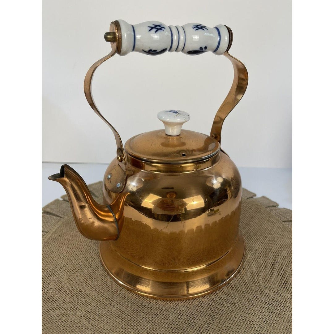 Vintage Copper Tea Kettle Patina Teapot Ceramic Delft Handle and Knob ...