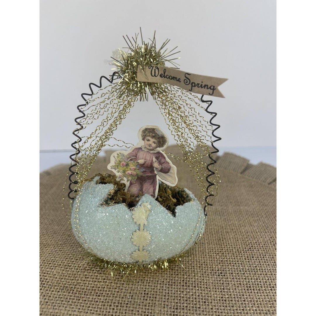 Wendy Addison Vintage Victorian Basket Egg Glitter Tinsel Easter ...