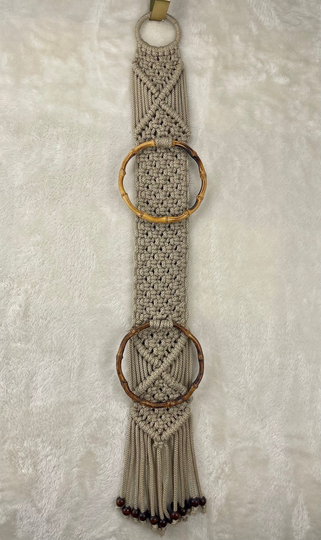 Vintage Macrame Double Bamboo Ring Hanger With Beads, Woven Towel ...