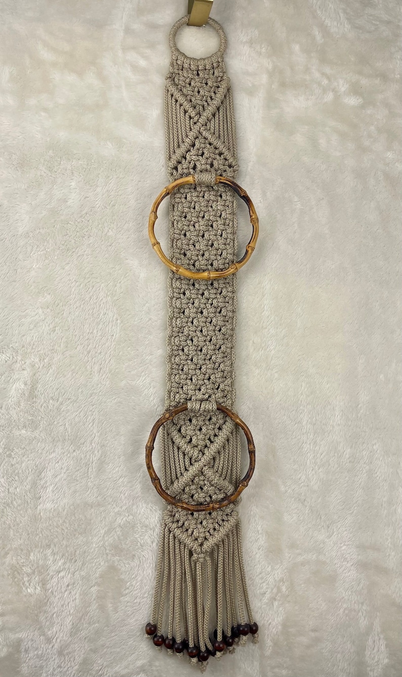 Vintage Macrame Double Bamboo Ring Hanger With Beads, Woven Towel ...