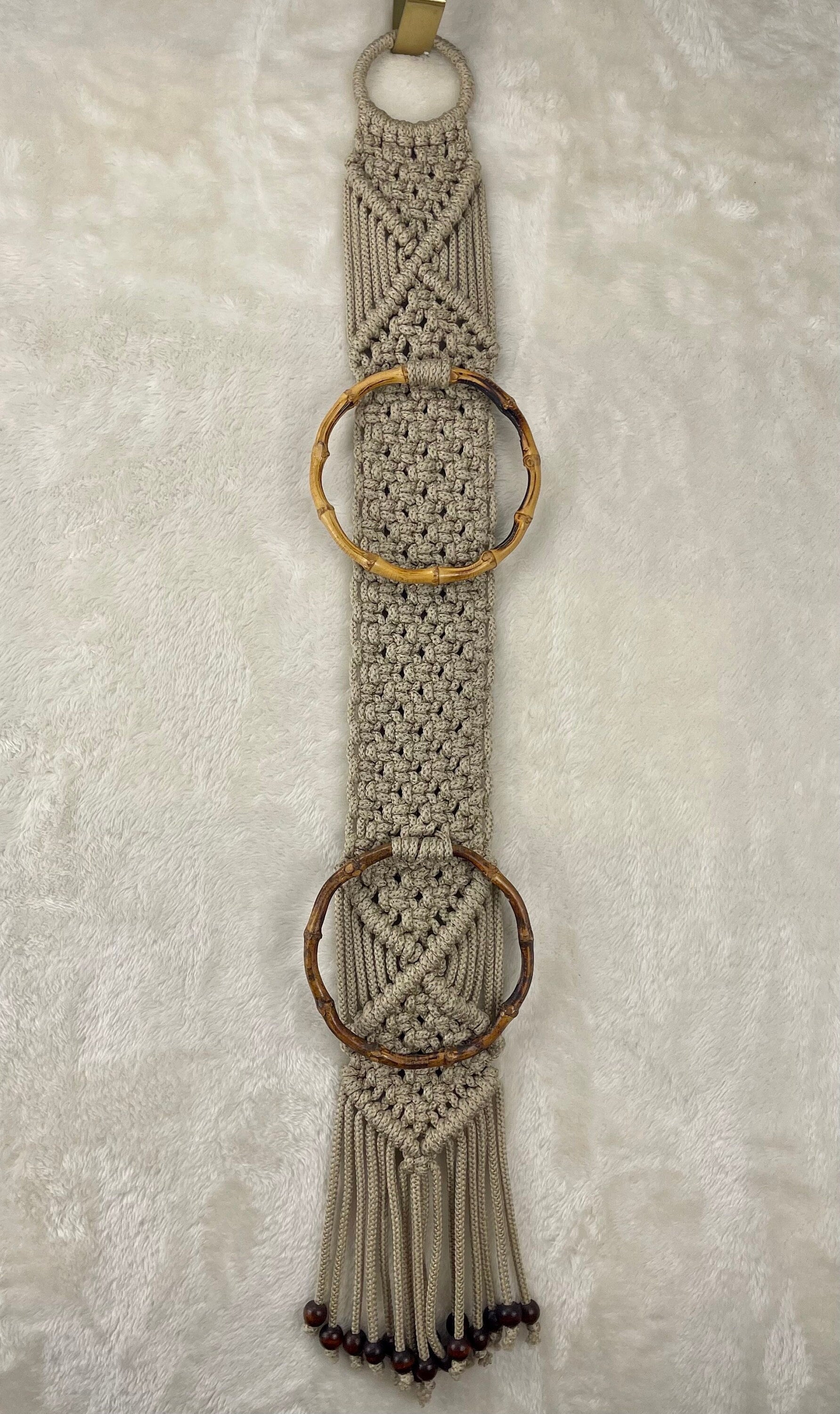 Vintage Macrame Double Bamboo Ring Hanger With Beads, Woven Towel Hanger, Hand Made Scarf Holder ...