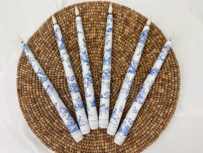 Toile Traditional Blue White Taper Candles Battery Operated Handcrafted ...