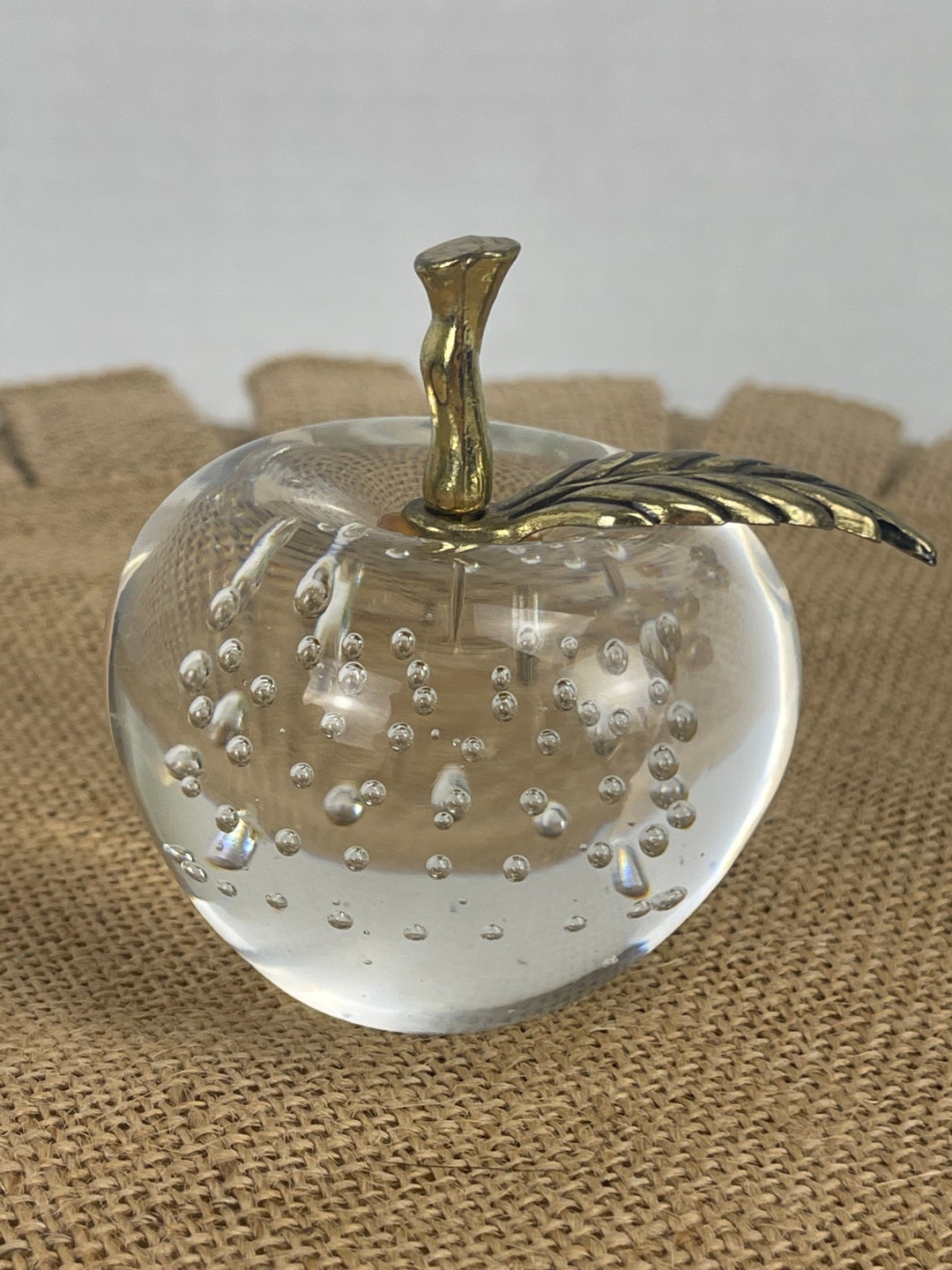 Glass Apple Paperweight With Brass Leaf and Stem, Vintage Hand Blown ...