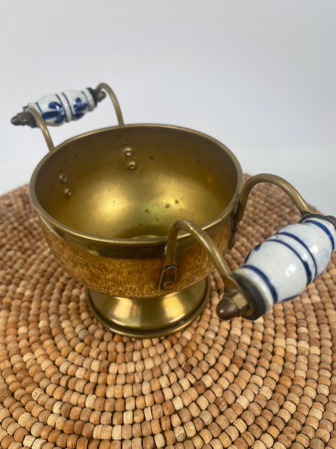 Brass Planter Delft Ceramic Handles, Dutch Copperware, Vintage Footed ...