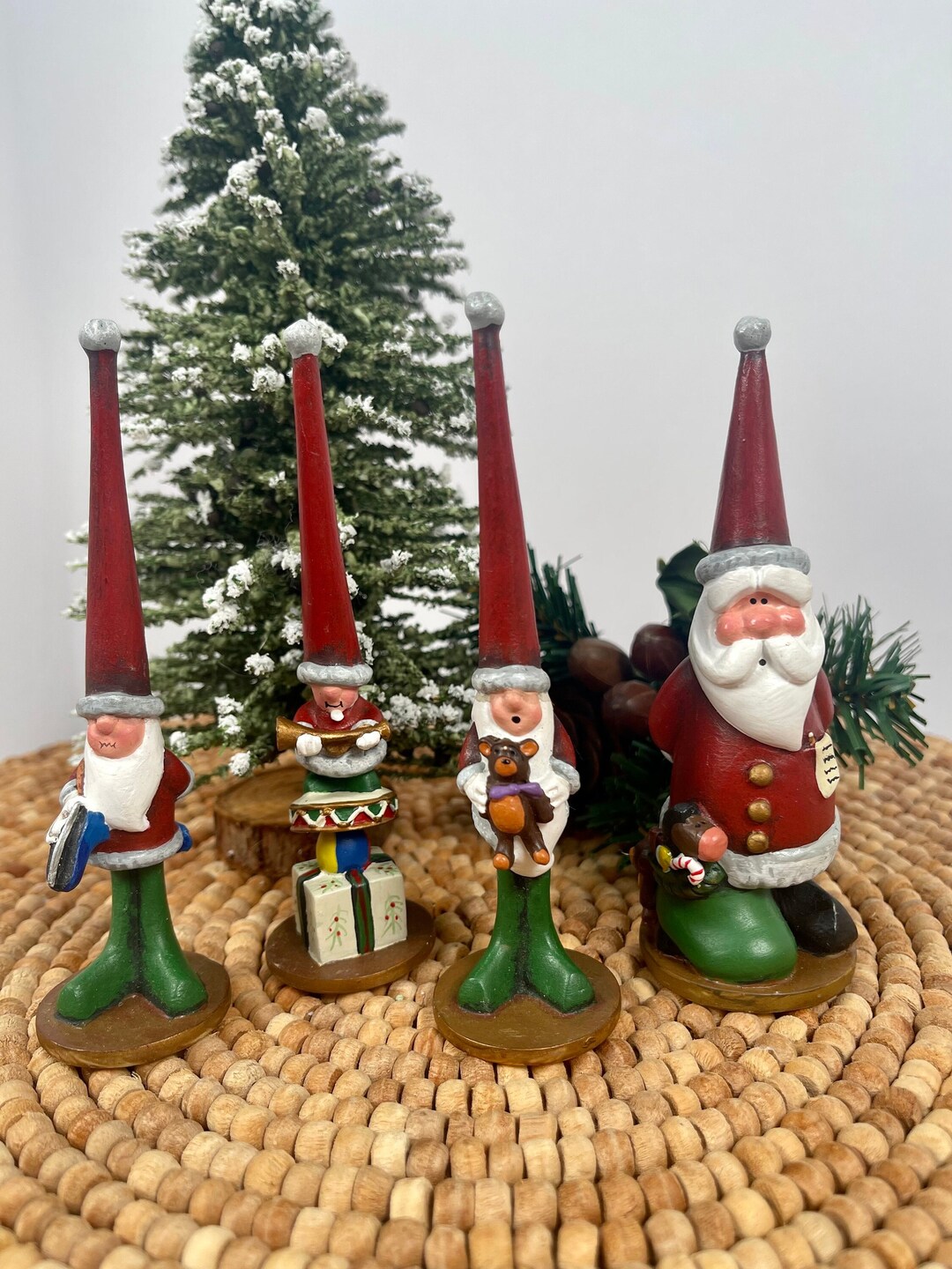 Vintage J. Adams Santa and 3 Elf Tall Hat Figurines Resin, Santa Clause ...