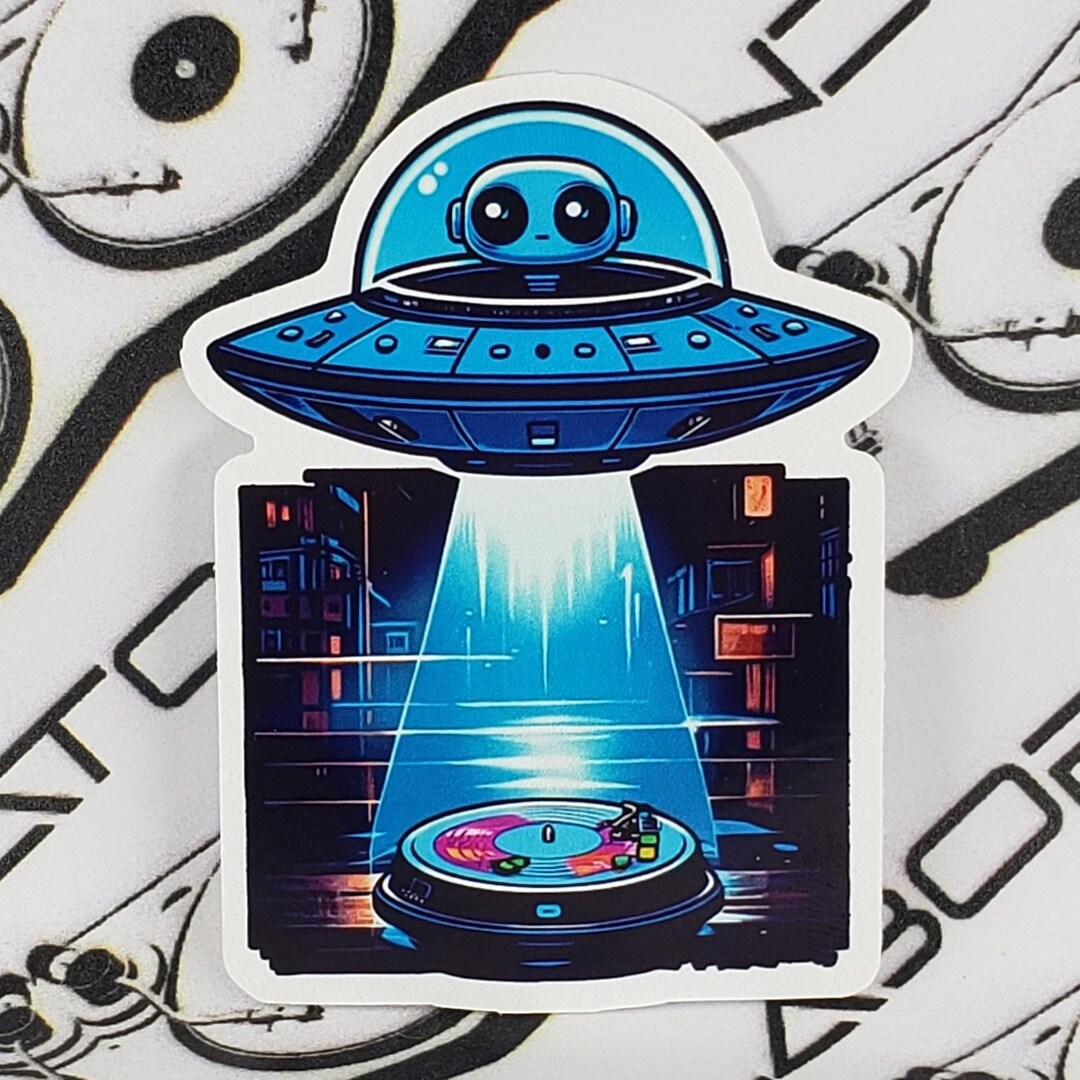 3" Robot Alien in a UFO Beaming up a Record Player Sticker - Etsy