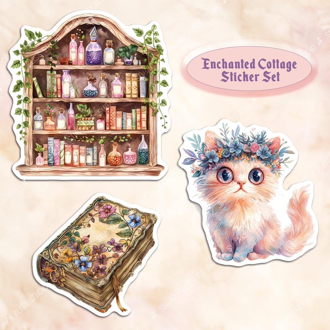 Cottagecore Sticker Set: Magical Book & Cat Decals - Waterproof - Etsy