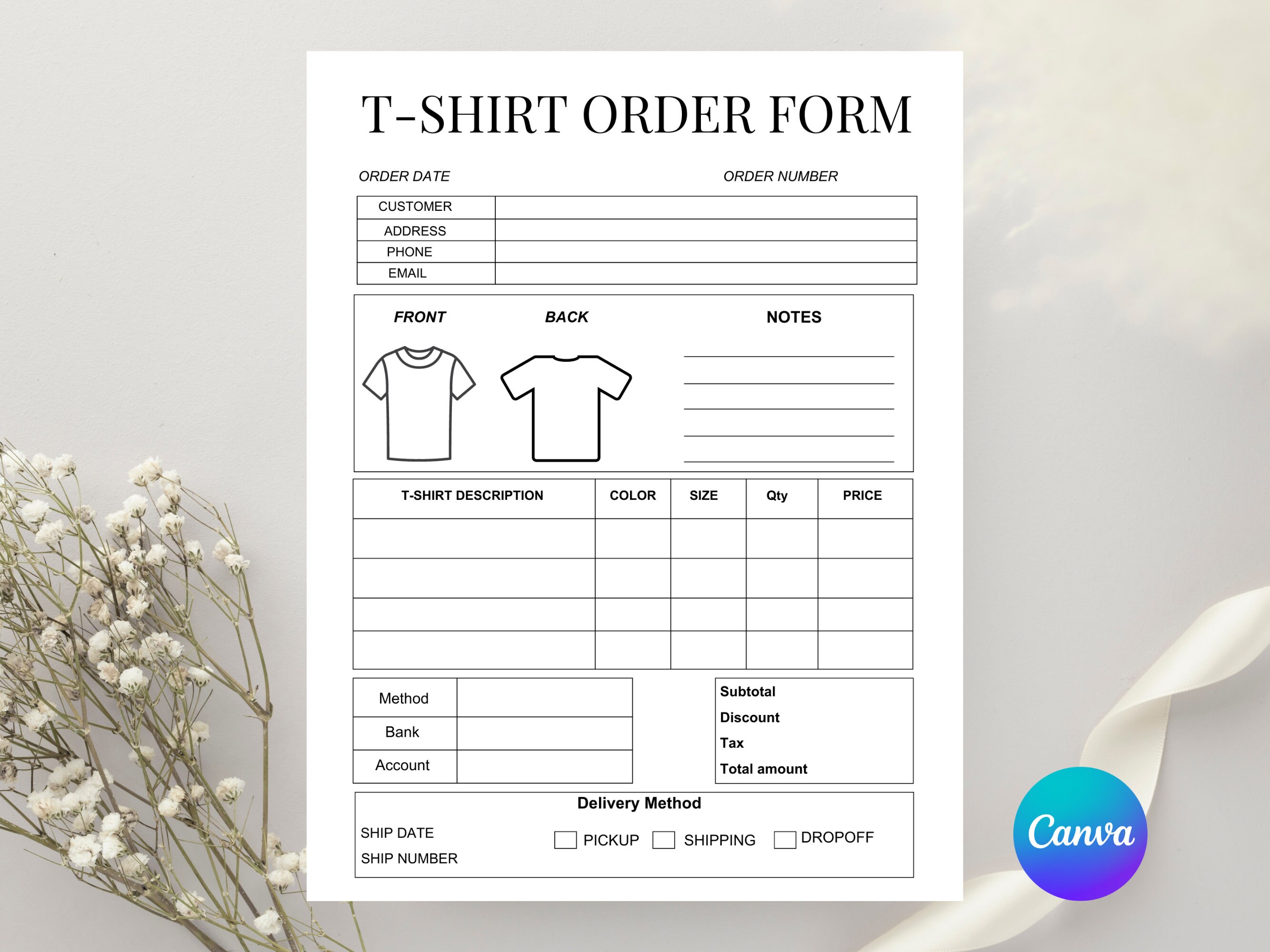 Editable Order Form Template, Fully Customize Canva Template, T-shirt ...
