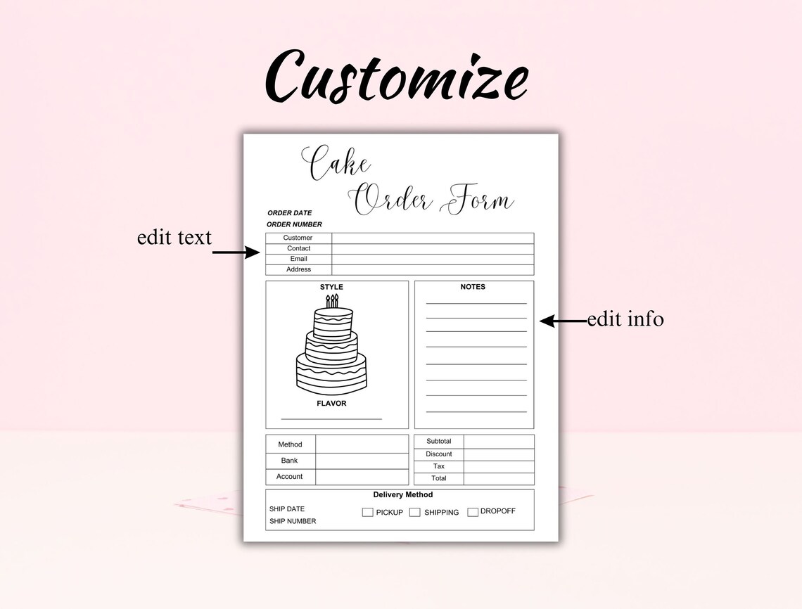 Editable Cake Order Form Template, Fully Customize Canva Template ...