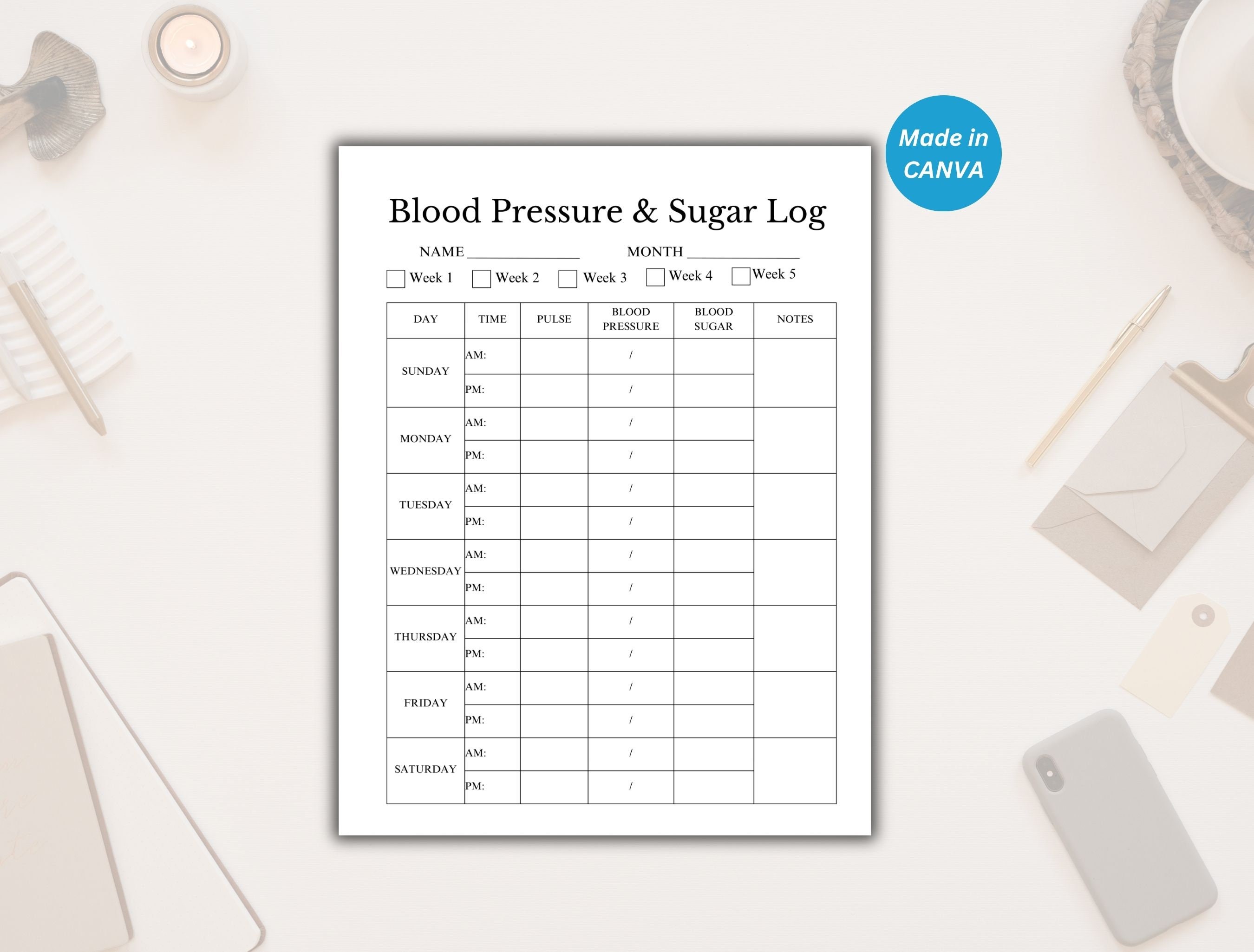Blood Pressure and Sugar Log and Track, Editable Printable Form, Vitals ...