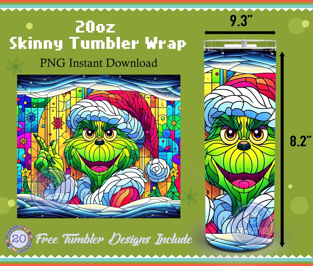 Christmas Cartoon 20oz Skinny Tumbler Wrap, Stained Glass Santa Tumbler ...